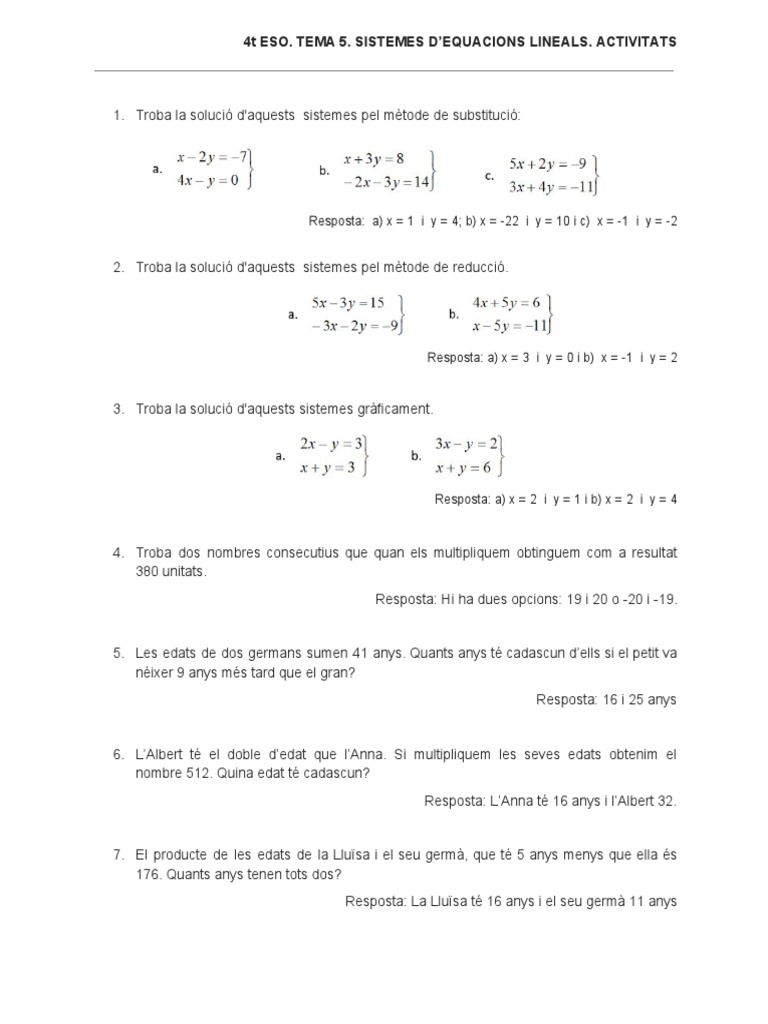 Sistemes Dequacions (Activitats de Repàs) | PDF