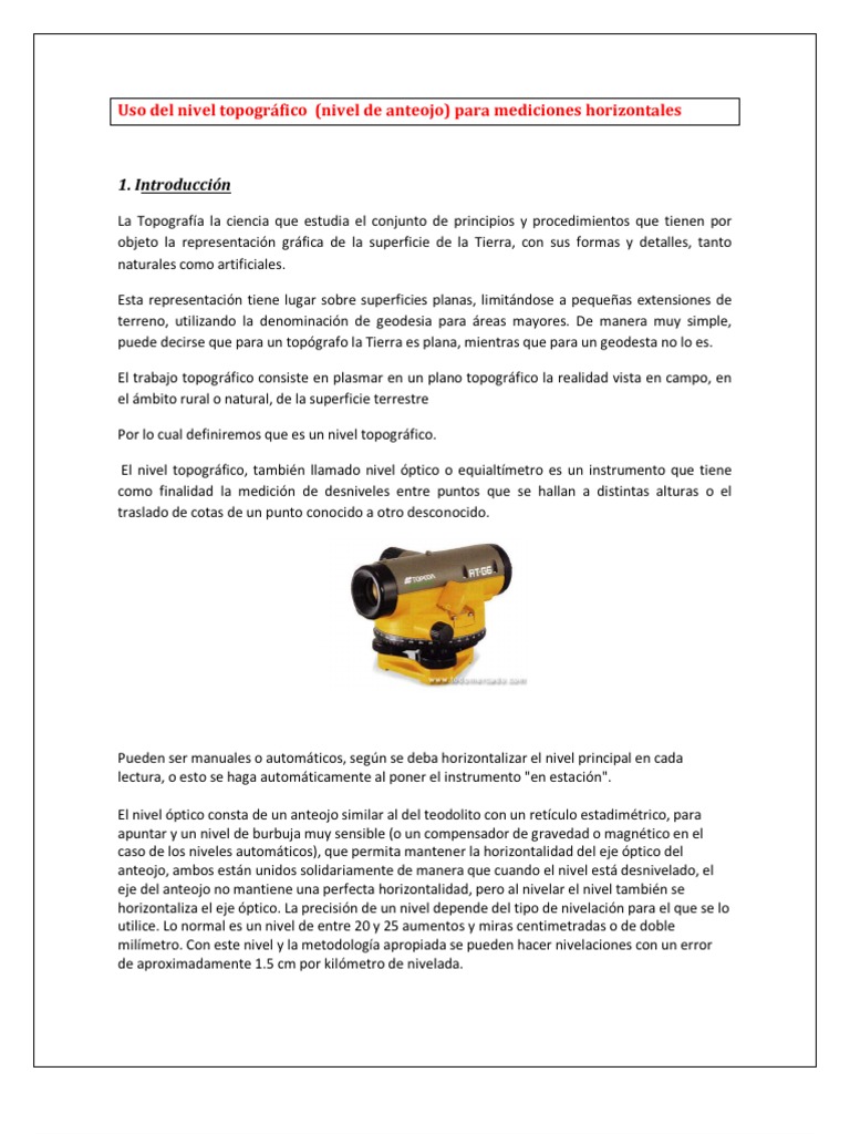 Uso Del Nivel Topográfico para Mediciones Horizontales | PDF | Métodos y materiales de enseñanza
