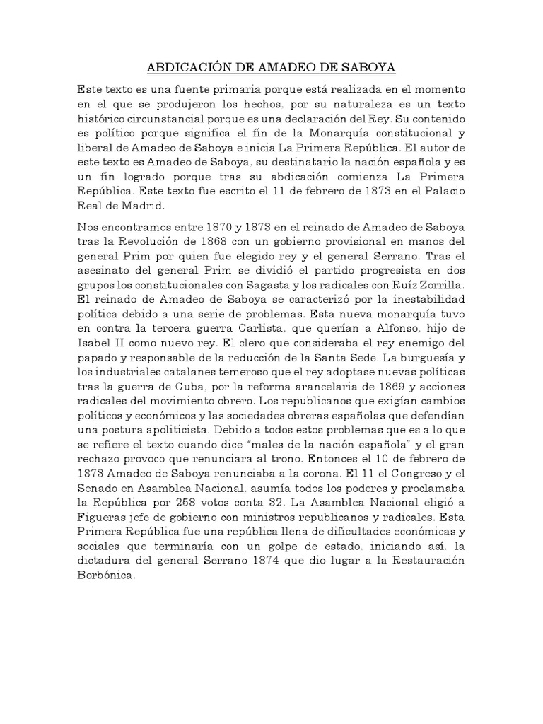 Abdicación de Amadeo de Saboya | PDF | España | Gobierno