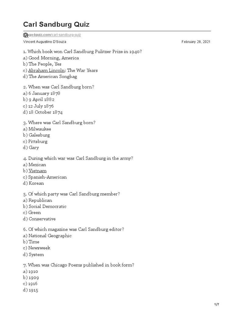 Carl Sandburg Enthusiast Quiz | PDF