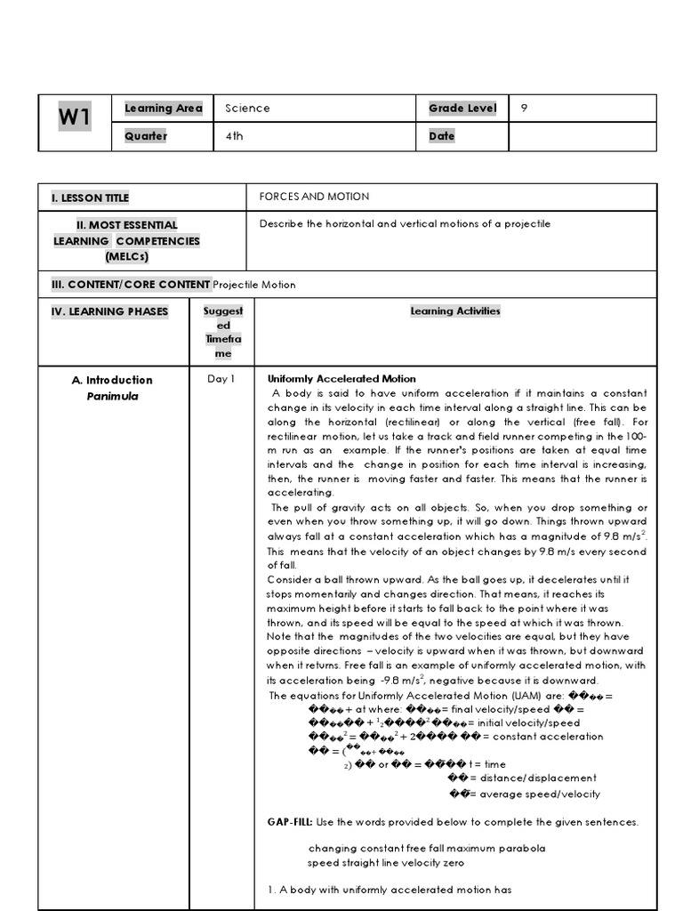 KS3 LeaP Q4 W1 FORCES AND MOTION | PDF | Acceleration | Equations Of Motion