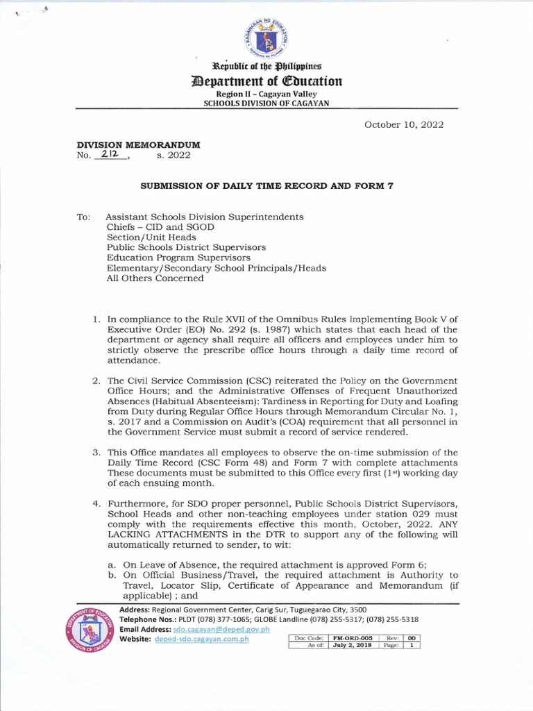 DVM No. 212 S. 2022 Submission of Daily Time Record and Form 7 | PDF
