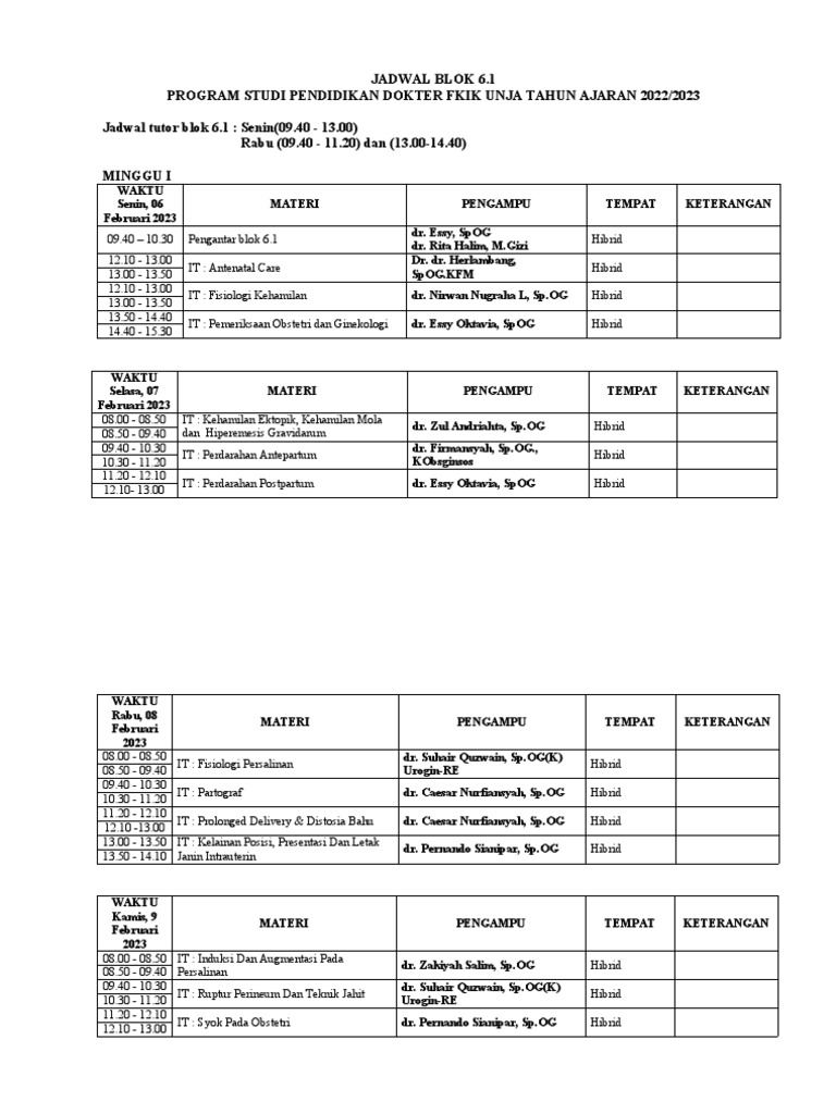 Jadwal Blok 6.1 Reproduksi 2023 | PDF