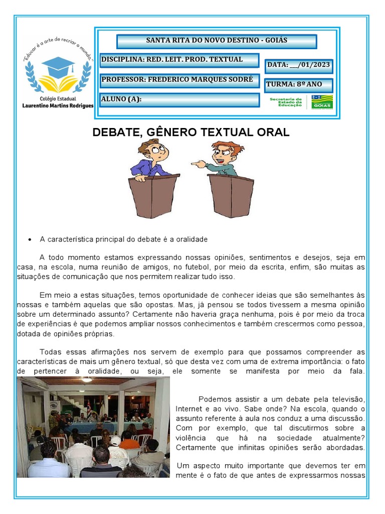 8 Ano - Red Leitura e Prod Textual - Debate | PDF | Gênero | Estudos de ...