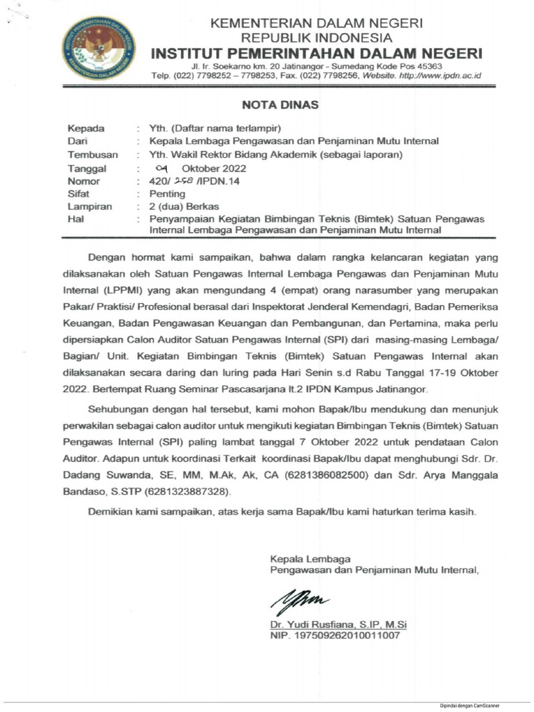 Contoh Nodin - Penyampaian Kegiatan Bimtek SPI | PDF