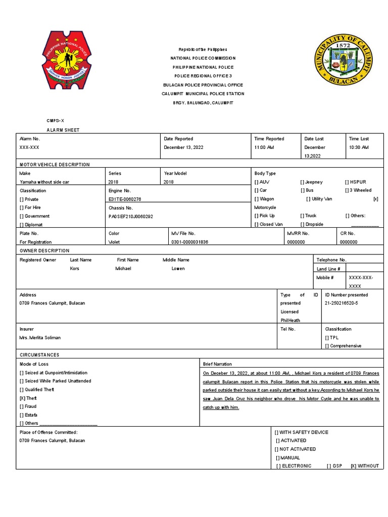 Alarm Sheet Carnapping Incident FINAL | PDF | Transport | Manufactured ...