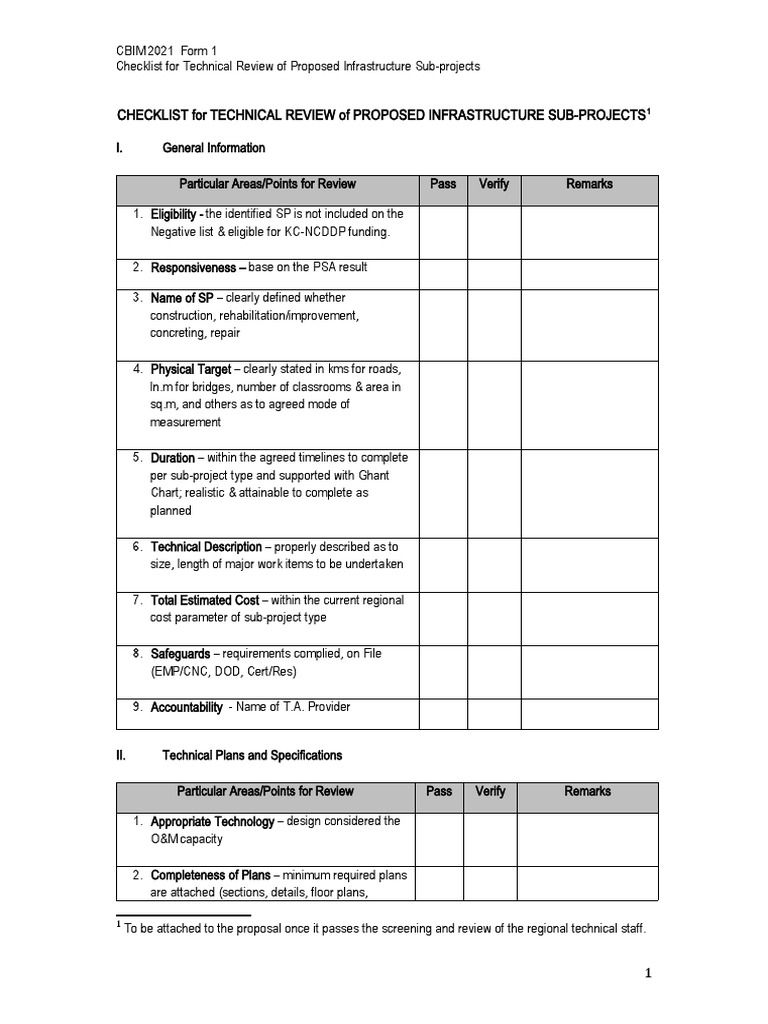 CBIM 2021 Form 1 - Checklist For Technical Review of Proposed Infra SPs ...