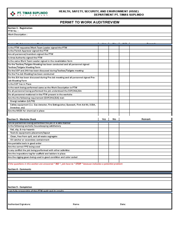 HSSE PTW Audit Checklist | PDF | Occupational Safety And Health | Safety
