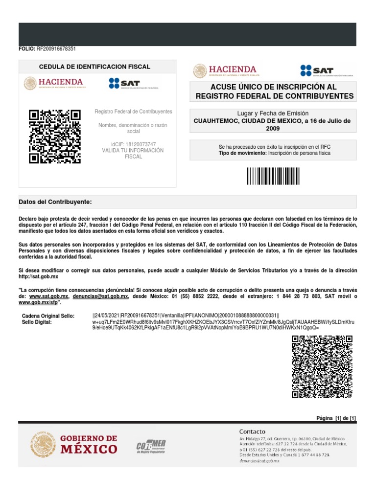 Acuse Único de Inscripción Al Registro Federal de Contribuyentes | PDF ...