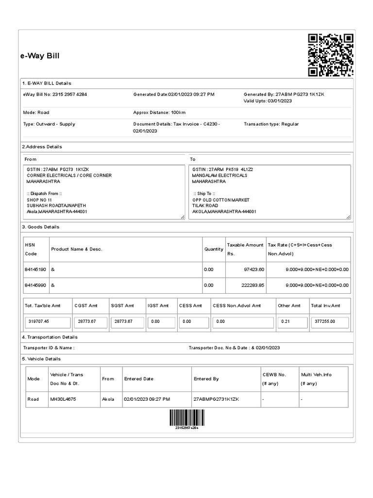 E-Way Bill System MANGALAM ELE AKOLA DT 2-1-23 | PDF | Taxation | Trade