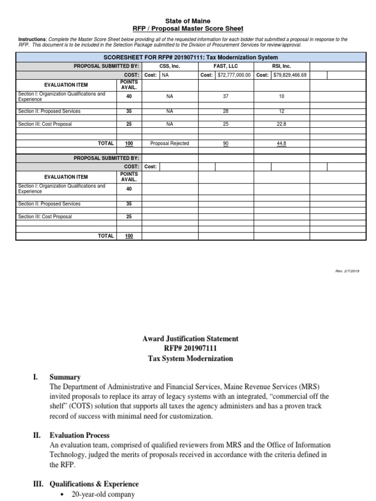 Maine Tax System RFP Evaluation | PDF | Request For Proposal | Microsoft Sql Server