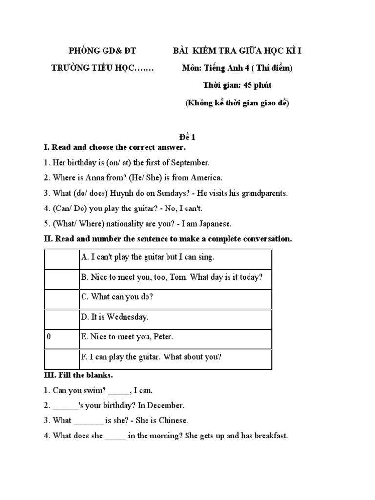 De Thi Tieng Anh Lop 4 Giua Hoc Ki 1 2021 | PDF | Vietnam