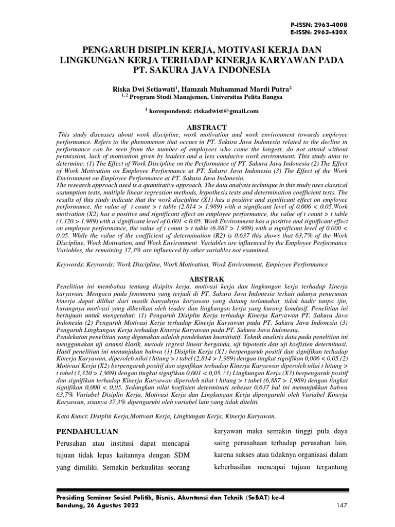 Pengaruh Disiplin Kerja, Motivasi Kerja Dan Lingkungan Kerja Terhadap ...