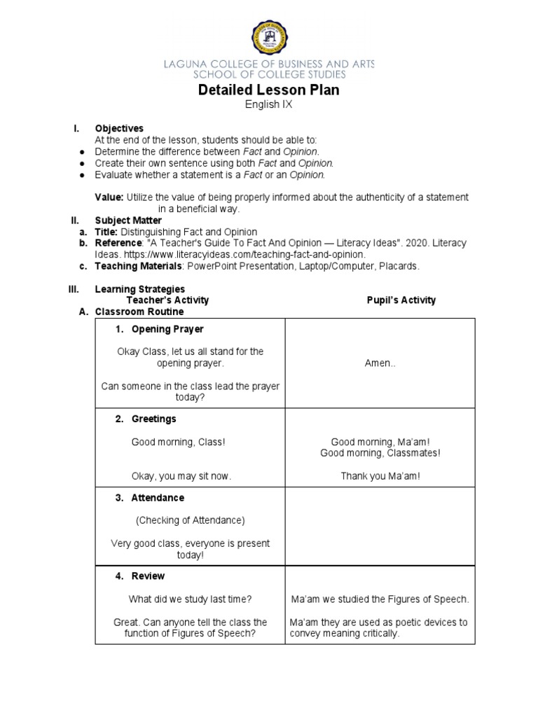 Fact vs. Opinion Lesson Plan | PDF | Lesson Plan