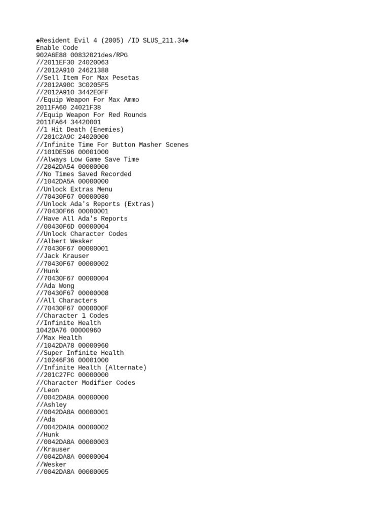 Resident Evil 4 Cheat Code Compendium - Unlock Extras, Infinite Ammo, Health and More | PDF ...