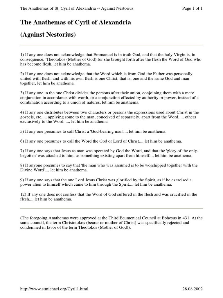Anathemas of St. Cyril of Alexandria - Against Nestorius | PDF
