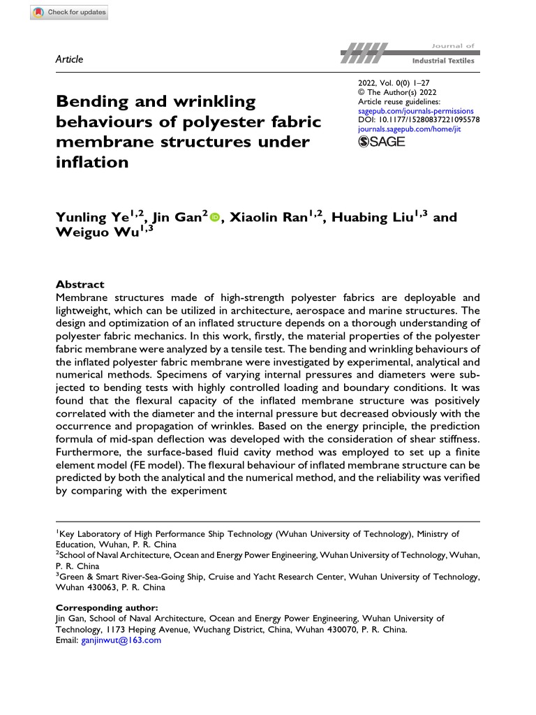 Bending and Wrinkling Behaviours of Polyester Fabric Membrane Structures Under in Ation | PDF ...