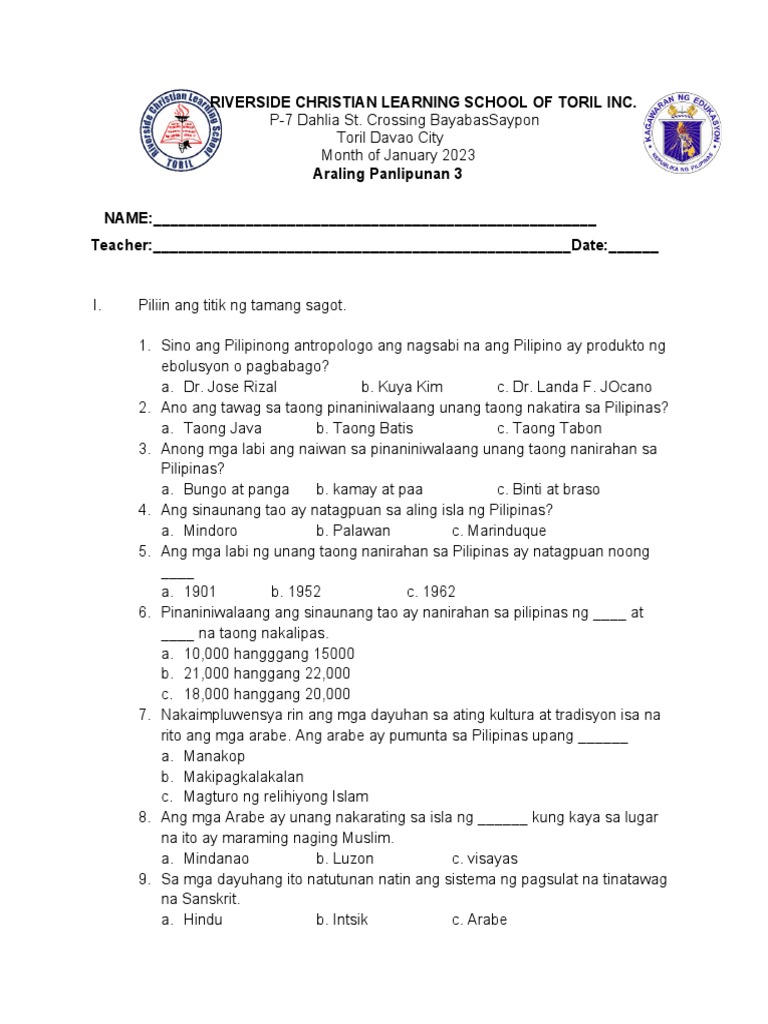 Grade 3 6th Exam Pdf
