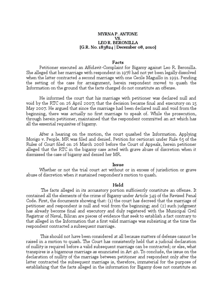 Myrna Antone Versus Beronilla | PDF | Annulment | Marriage