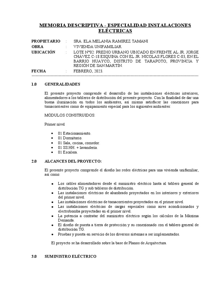 Memoria Descriptiva Inst. Eléctricas Licencia | PDF | Cableado eléctrico | Enchufes y tomas de ...