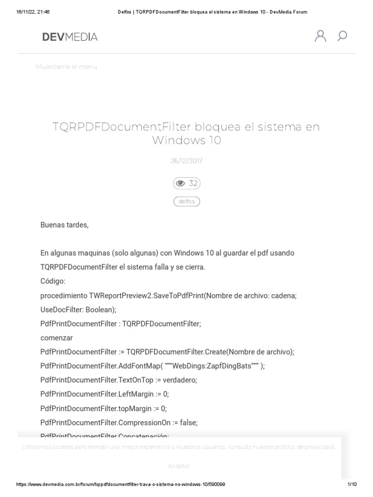 Delphi 7 - TQRPDFDocumentFilter Bloquea El Sistema en Windows 10. | PDF | Windows 10 | Cookie HTTP