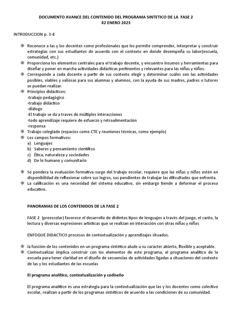 Documento Avance Del Contenido Del Programa Sintetico de La Fase 2 | PDF | Enseñando | Educación ...