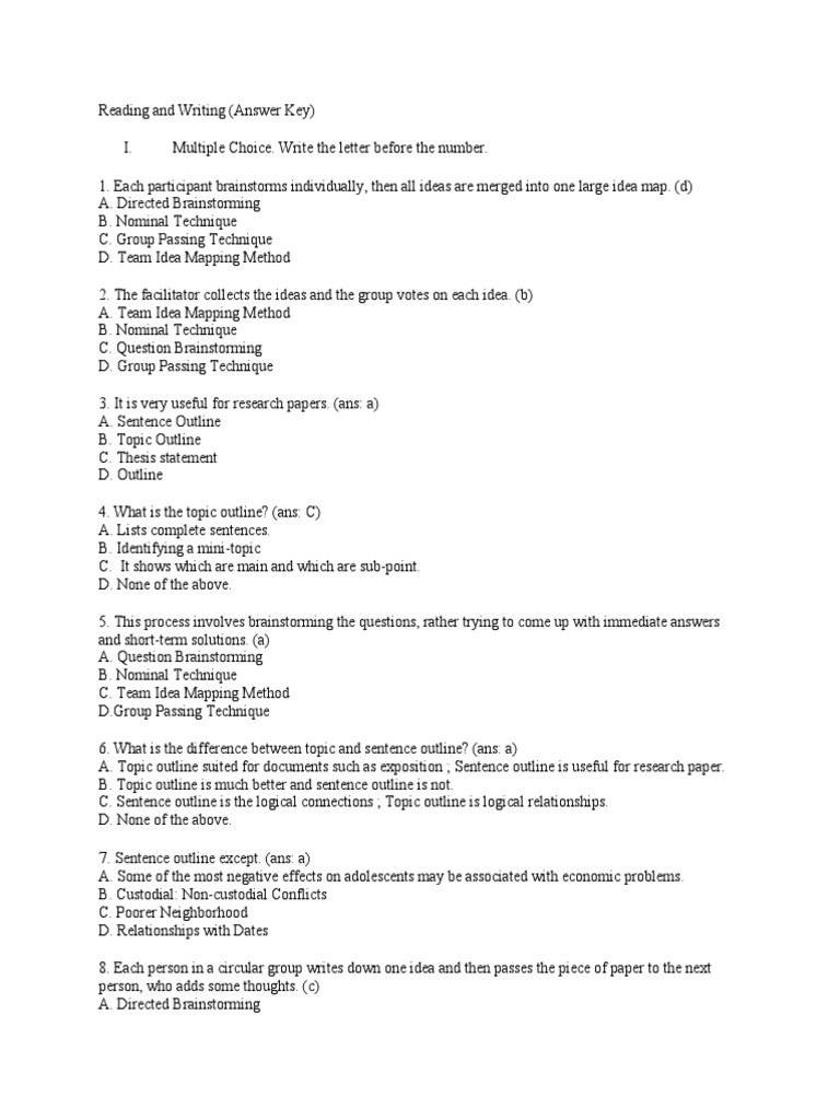 Reading and Writing Answer Key | PDF | Brainstorming | Cognitive Science