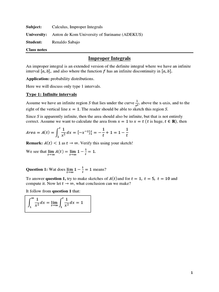 Improper Integrals | PDF | Integral | Limit (Mathematics)