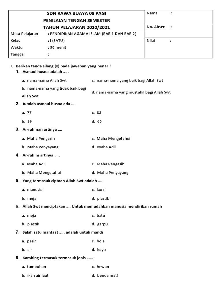 Soal PTS Pai Kelas 1 SD | PDF