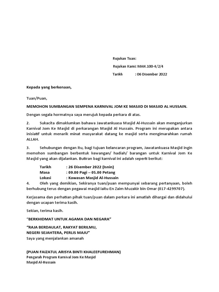 Surat Memohon Sumbangan Ramai KARNIVAL JOM KE MASJID | PDF