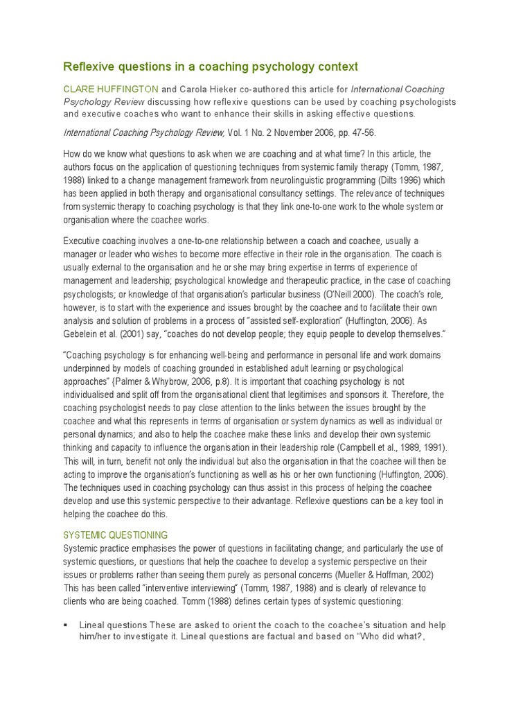 Reflexive Questions in A Coaching Psychology Context | PDF | Identity ...