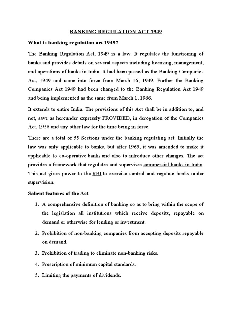 Overview of Banking Regulation Act 1949 | PDF | Banks | Reserve Bank Of ...