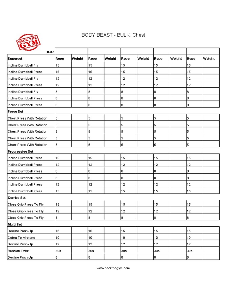 Body Beast Charts Bulk Chest | PDF | Weight Training | Strength Training