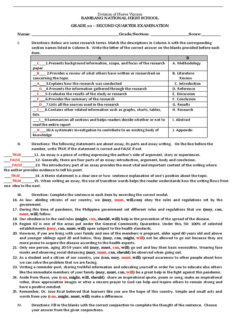 G10 2nd QUARTER EXAM Answer Key | PDF | Essays | Hand Washing