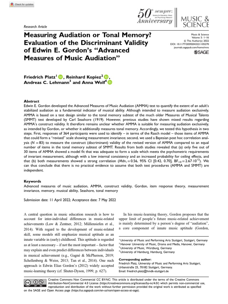 Measuring Audiation or Tonal Memory? Evaluation of The Discriminant ...