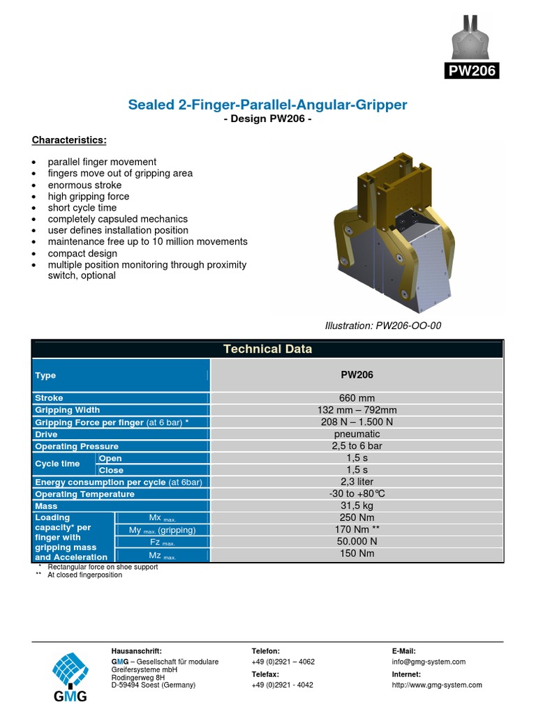 PW206 Sealed 2-Finger Gripper Specs | PDF | Manufactured Goods | Mechanical Engineering