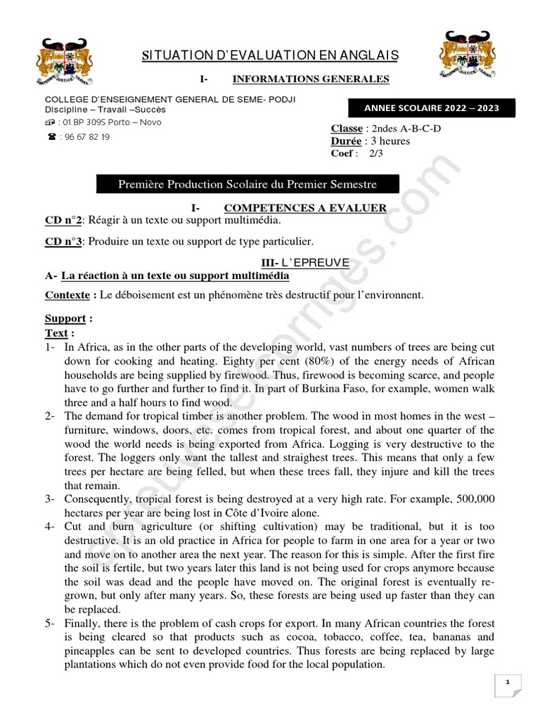 1er Devoir Du 1er Semestre Anglais 2nde Abcd 2022-2023 Ceg de Seme ...