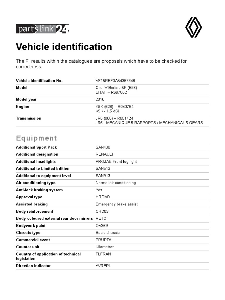 Renault VF15RBF0A54367348 - Clio IV Berline 5P (B98) - K9K - 1.5 Dci ...