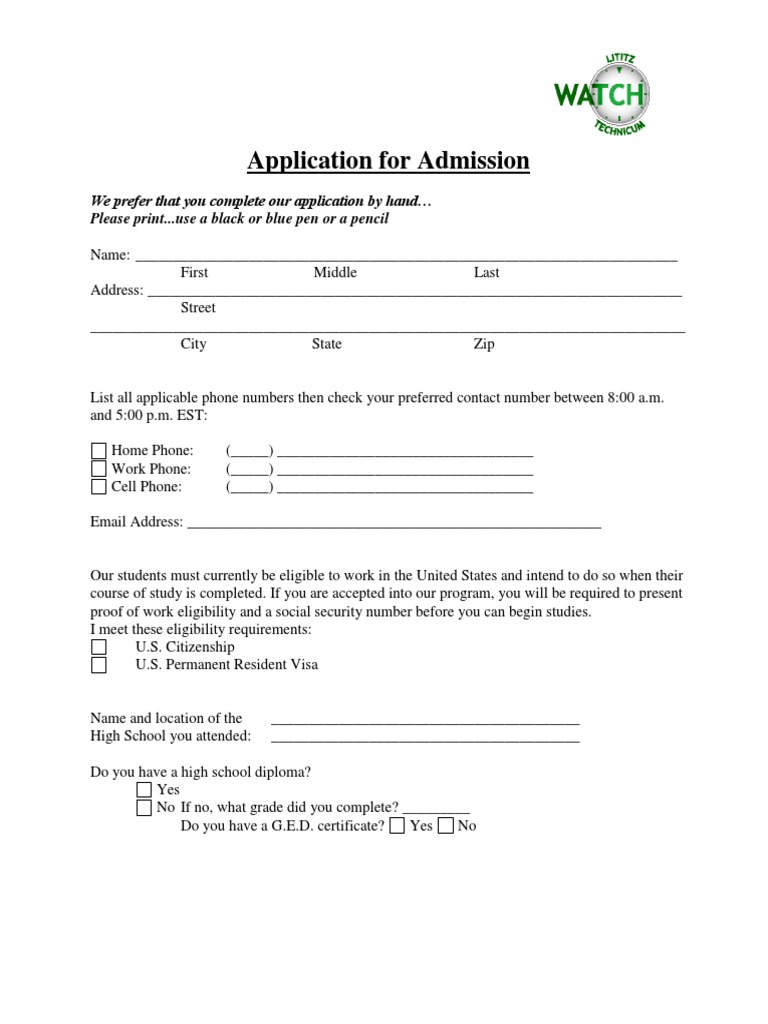 Lititiz Watch Technicum Application For Admission | PDF | Arbitration ...