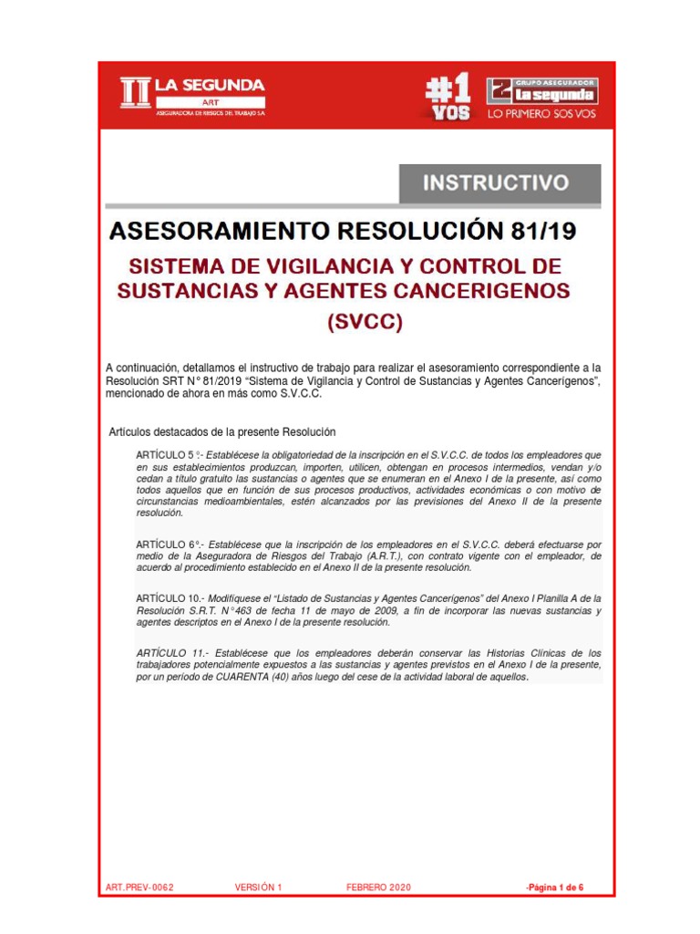 Instructivo Asesoramiento Cancerigenos Res. SRT #81-19 | PDF