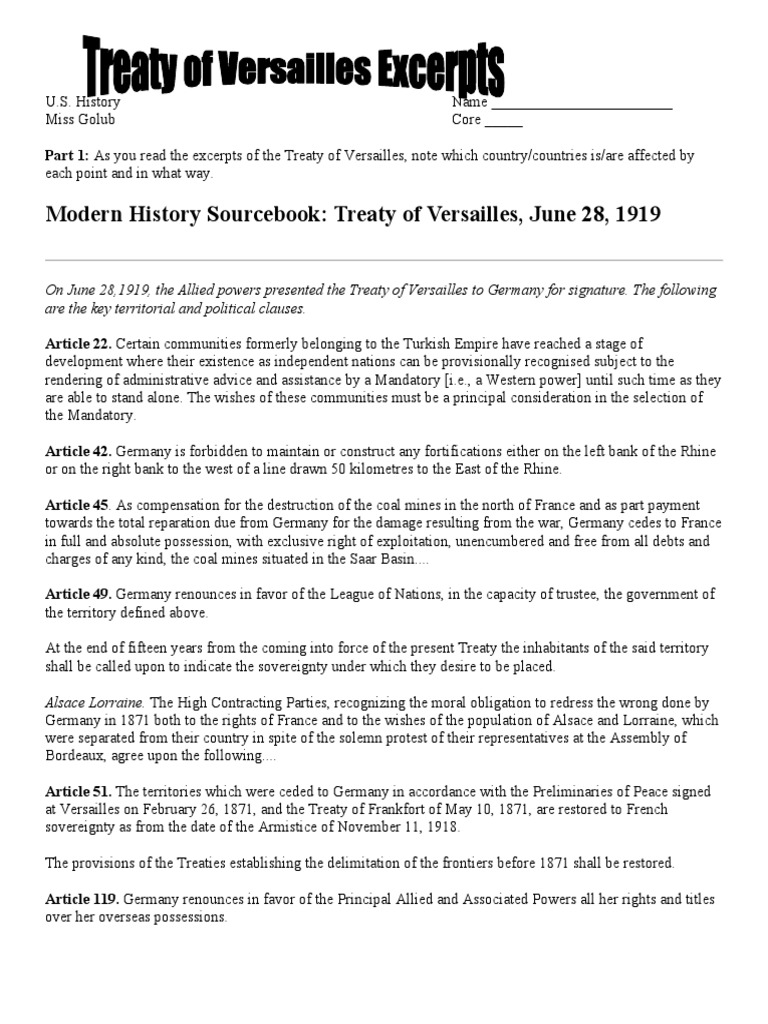 Treaty of Versailles Excerpt Analysis | PDF | Treaty Of Versailles ...