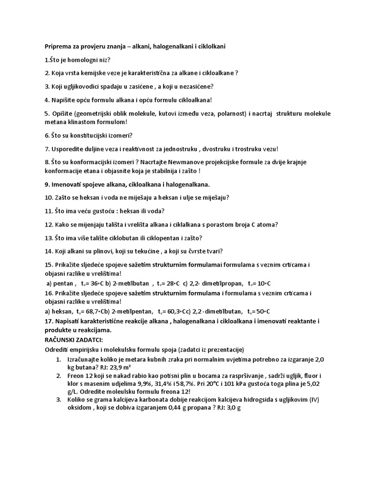 Priprema Za Provjeru Znanja - Alkani, Halogenalkai I Cikloalkani | PDF