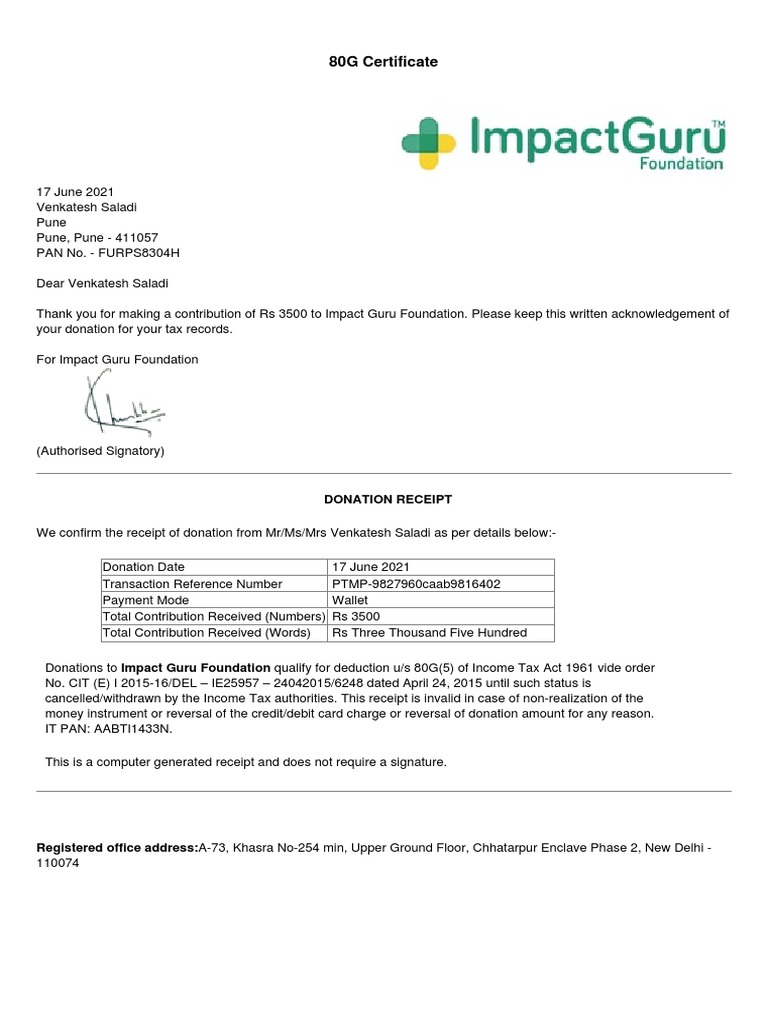 80G Donation Receipt for Tax Exemption | PDF