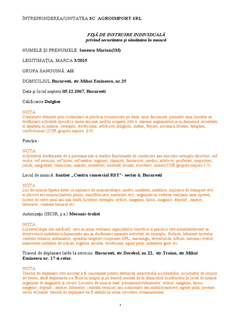 Model Completare Fisa de Instruire Individuala | PDF