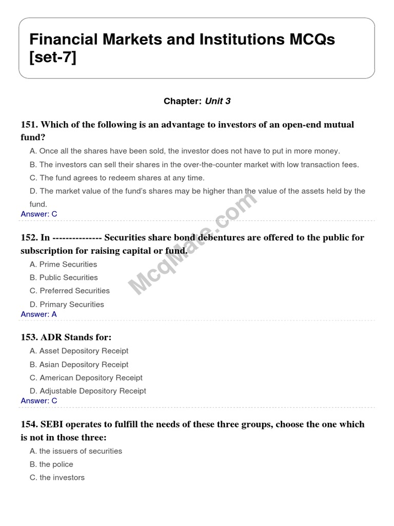 Financial Markets And Institutions Solved Mcqs Set 7 Pdf Bonds