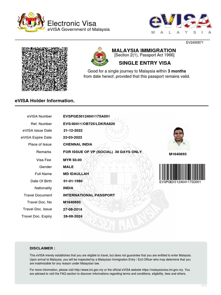 Malaysia eVISA Certificate MD IDAULLAH | PDF
