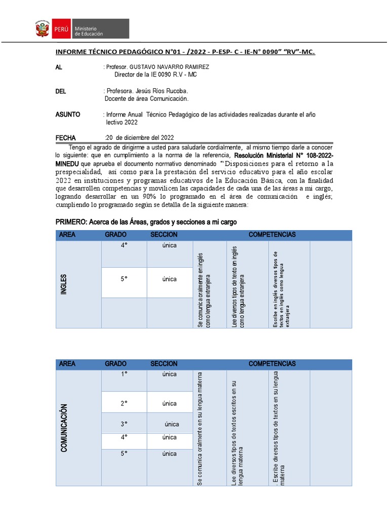 Informe-Anual-Técnico-Pedagógico 2022 | PDF | Aprendizaje | Comunicación