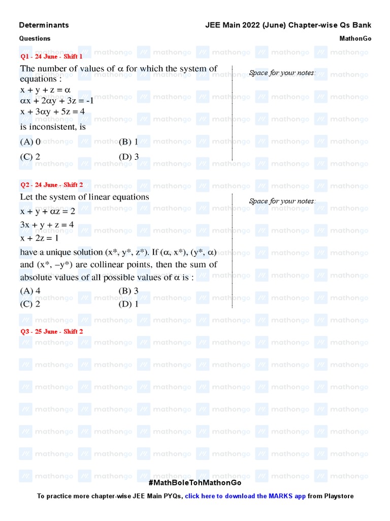 Determinants - JEE Main 2022 Chapter Wise Questions by MathonGo | PDF