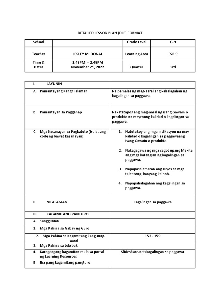 Daily Lesson Plan ESP 9 | PDF
