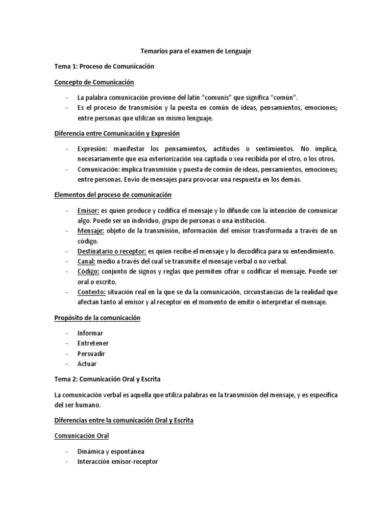 Temarios Para El Examen de Lenguaje | PDF | Comunicación | Lingüística